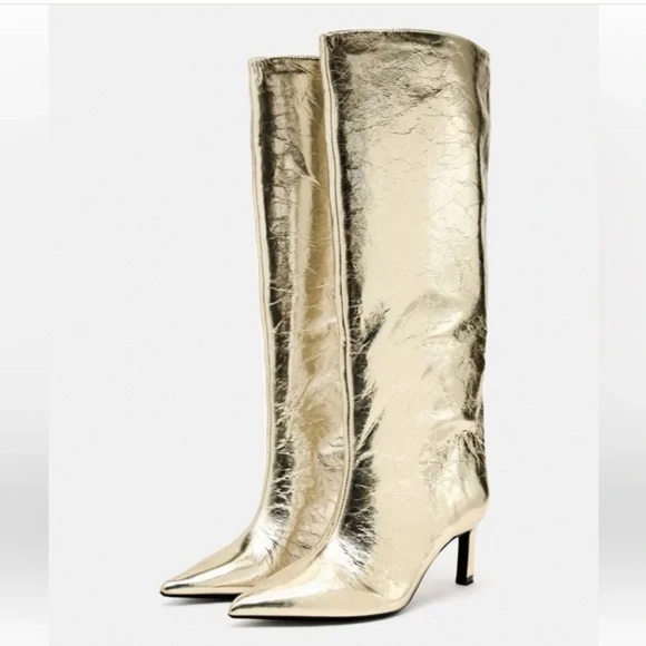 Zara | Shoes | Zara Fw24 Golden Metallic High Heel Boots | Poshmark
